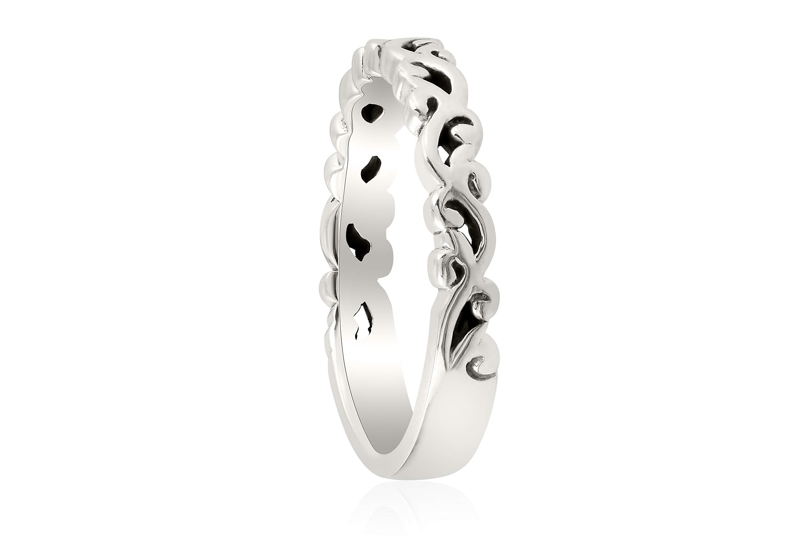 14k White gold Hand Carved Womens Wedding Band Filigree Vintage Stackable Ring - Size 8.5