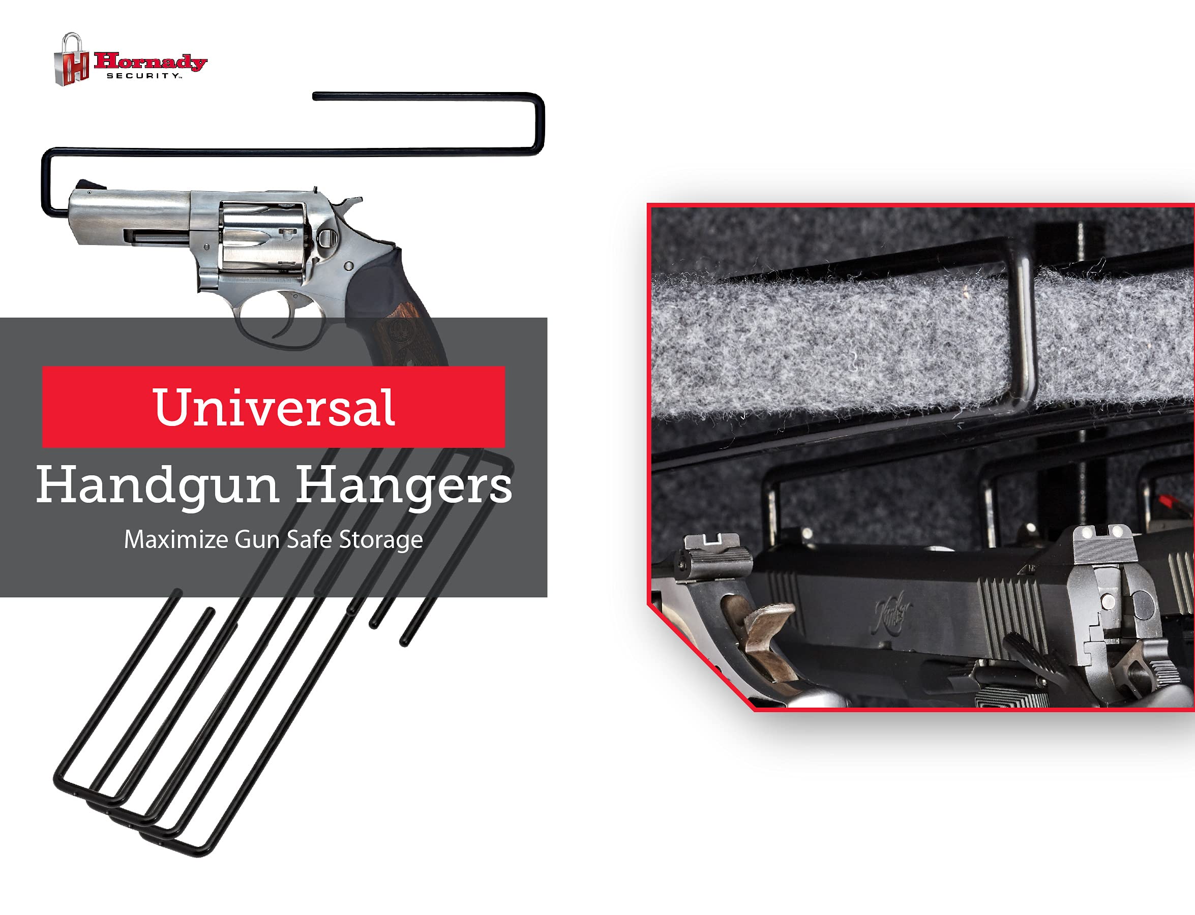 Hornady Universal Handgun Hangers, 95870, 4pk - Maximize Gun Safe Space with Easy Access Under Shelf Storage Gun Hangers -PVC Coated Steel Wire Pistol Holder Protect & Store 22 Caliber Handgun & More