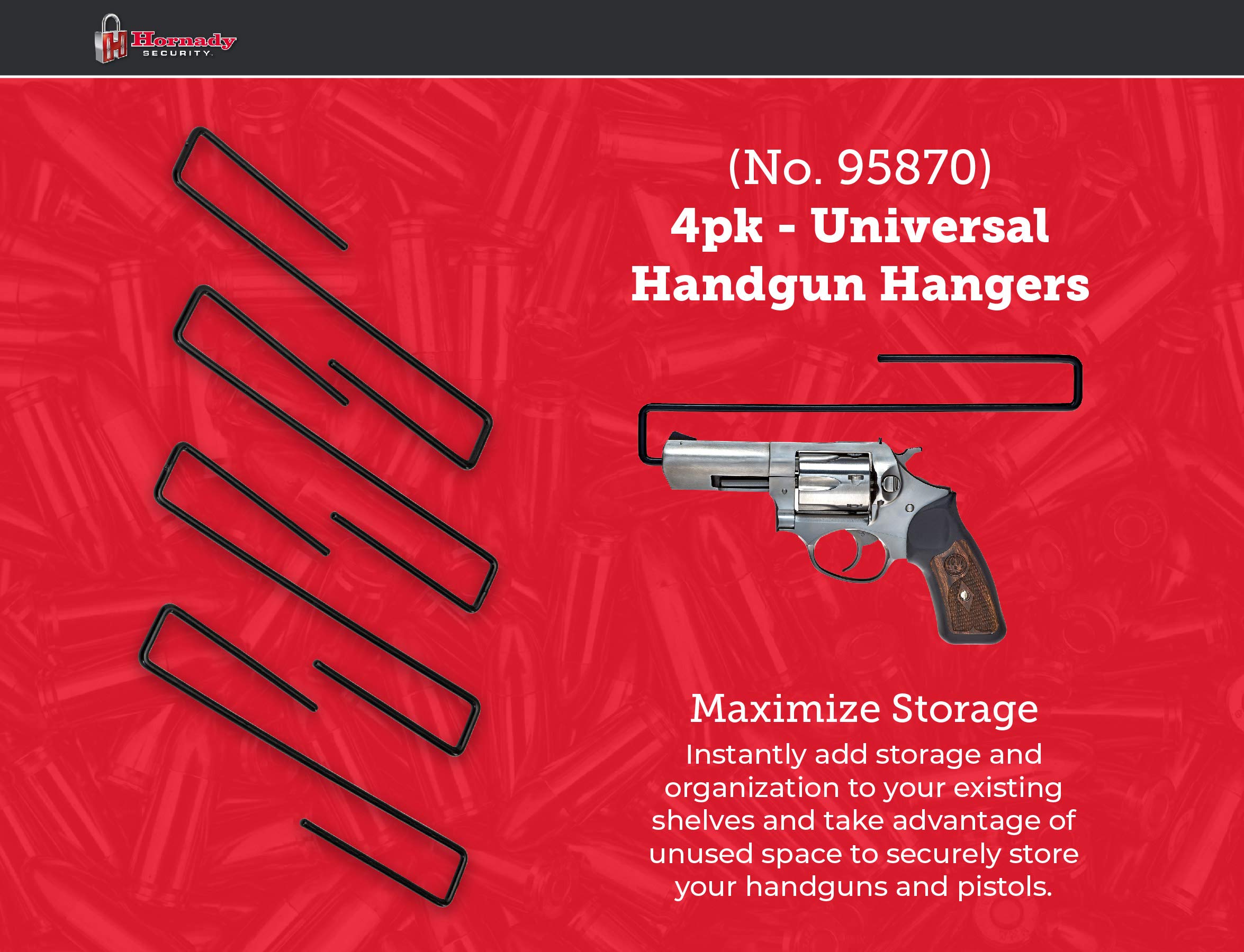 Hornady Universal Handgun Hangers, 95870, 4pk - Maximize Gun Safe Space with Easy Access Under Shelf Storage Gun Hangers -PVC Coated Steel Wire Pistol Holder Protect & Store 22 Caliber Handgun & More