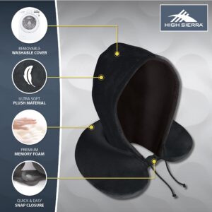 High Sierra, Hooded Travel Pillow, Blocks Cold drafts, Use Also as Light Blocker, Pure Soft Memory Foam, Provides Exceptional Neck Support, ONE SNAP Closure, Black