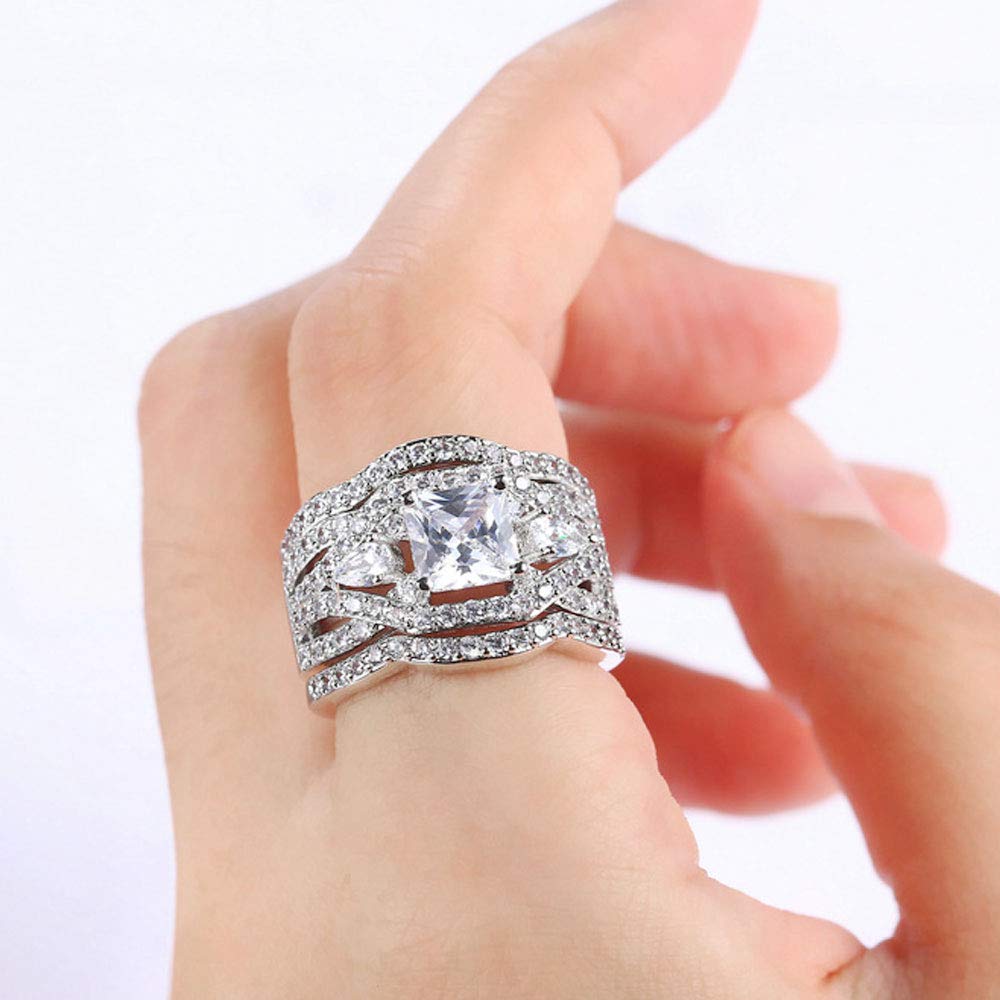 AONEW Women Engagement Wedding Ring Set White Gold 3pcs Princess White Cz Size 5-12 Size 9