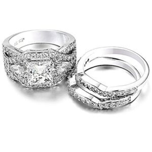 AONEW Women Engagement Wedding Ring Set White Gold 3pcs Princess White Cz Size 5-12 Size 9