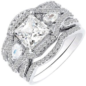 AONEW Women Engagement Wedding Ring Set White Gold 3pcs Princess White Cz Size 5-12 Size 9