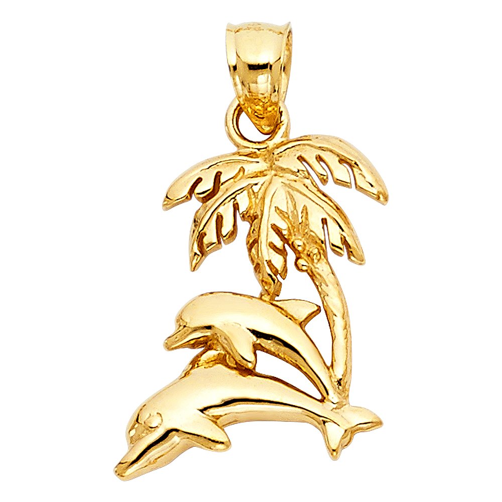 FB JEWELS 14K Yellow Gold Dolphin W Palm Tree Pendant 20mm X 17mm