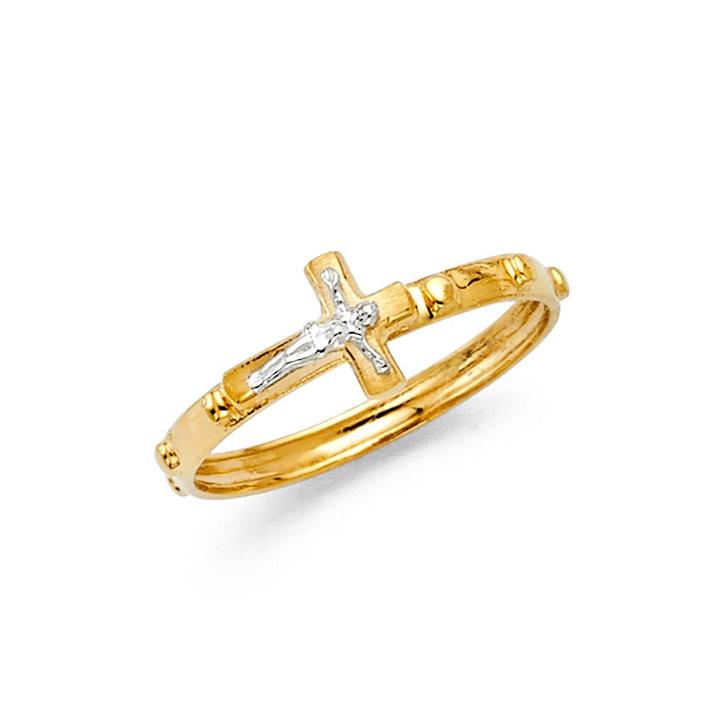 FB Jewels 14K Yellow And White Two Tone Gold Rosary Crucifix Cross Religious Eternity Anniversary Wedding Ring Band Size 8