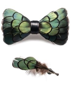 rbocott green feather pre-tied bow tie leather bowtie and brooch sets for men(6)