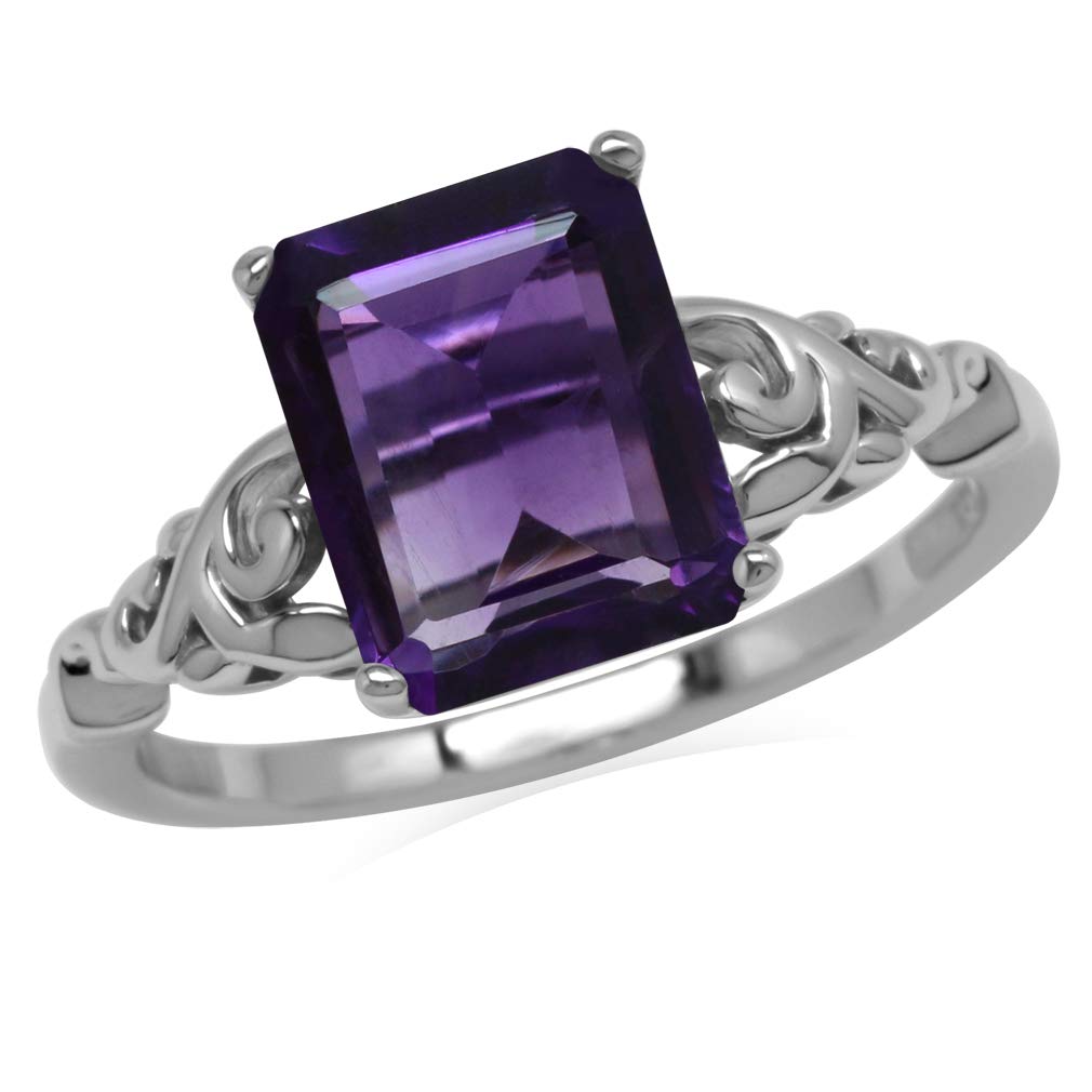 Silvershake 3.06ct. 10X8mm Octagon Natural African Amethyst 925 Sterling Silver Filigree Leaf Solitaire Ring Size 8