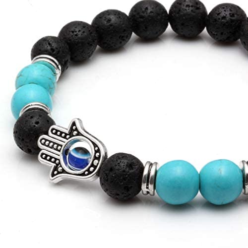 MILAKOO 5 Pcs Jewelry Hamsa Hand Beaded Stretch Bracelet Evil Eye- Natural 8mm Lava Stone Protection