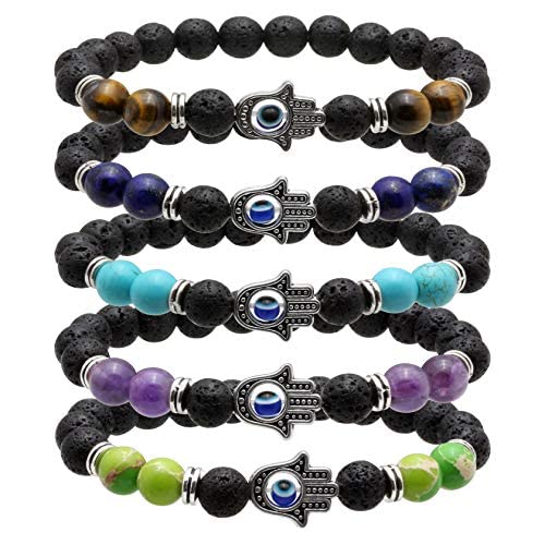 MILAKOO 5 Pcs Jewelry Hamsa Hand Beaded Stretch Bracelet Evil Eye- Natural 8mm Lava Stone Protection