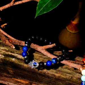 MILAKOO 5 Pcs Jewelry Hamsa Hand Beaded Stretch Bracelet Evil Eye- Natural 8mm Lava Stone Protection