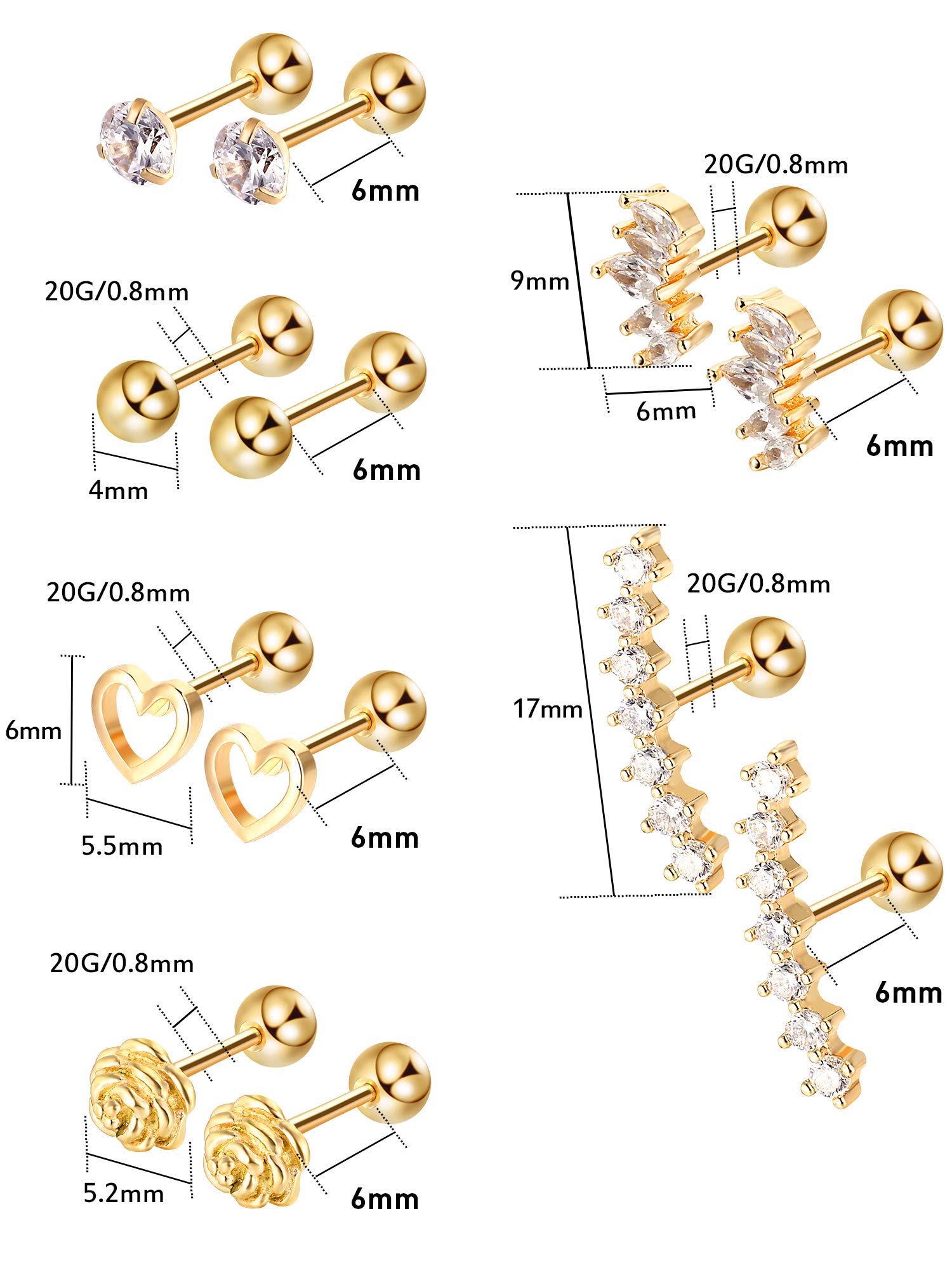 6 Pairs Stainless Steel Tragus Cartilage Earrings Labret Studs Barbell Lip Nose Body Stud Piercing for Men Women Ornament (Gold)