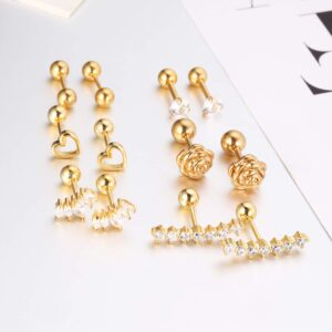 6 Pairs Stainless Steel Tragus Cartilage Earrings Labret Studs Barbell Lip Nose Body Stud Piercing for Men Women Ornament (Gold)