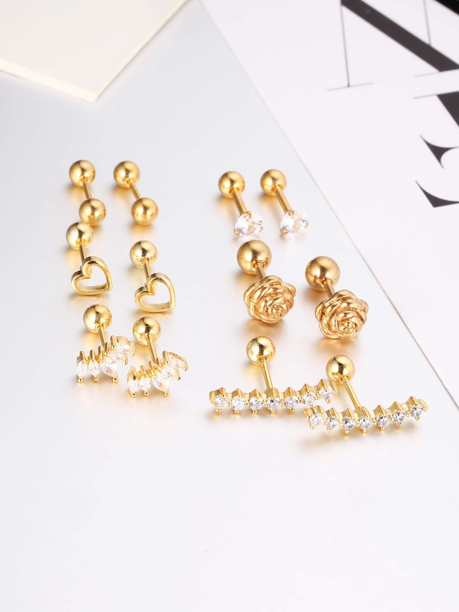 6 Pairs Stainless Steel Tragus Cartilage Earrings Labret Studs Barbell Lip Nose Body Stud Piercing for Men Women Ornament (Gold)