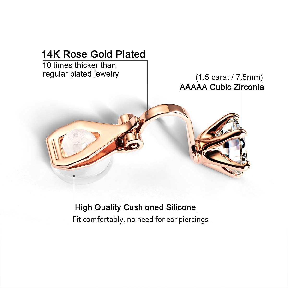 14K Rose Gold Plated 1.5 Carat CZ Clip-On Earrings - 7.5mm Round Cut Simulated diamond Clip-ons