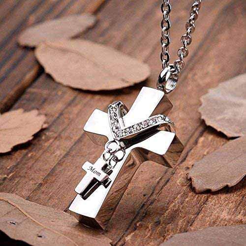 MEMORIALU Cross Mom Urn Necklaces for Ashes Cremation Crucifix Keepsake Memorial Women Stainless Steel Pendant Necklace