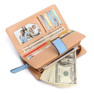 Women's Long short Leather Money Clip Card Case Holder Purse Zipper Buckle Elegant Clutch Wallet（pair） (Blue Large)