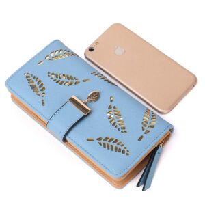 Women's Long short Leather Money Clip Card Case Holder Purse Zipper Buckle Elegant Clutch Wallet（pair） (Blue Large)