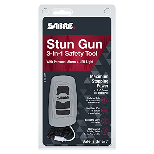 SABRE Compact Stun Gun, Flashlight & Personal Alarm –Rechargeable 3-in-1 Personal Safety Tool w/ Wrist Strap for Quick Access