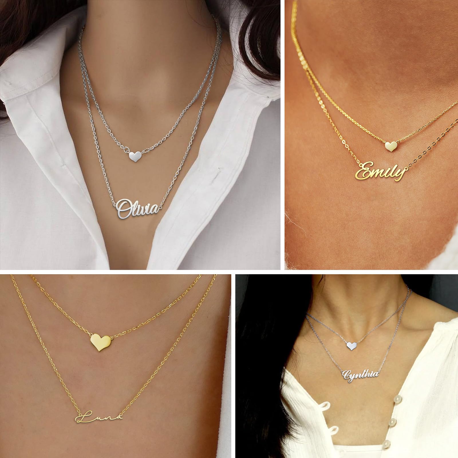 MeMoShe Layered Choker Name Necklace Personalized with Heart, Custom Nameplate Pendant 18K Gold Plated Christmas Gift