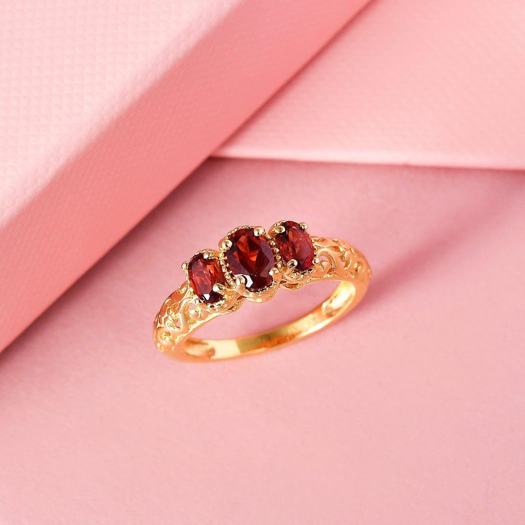 Shop LC 3 Stone Garnet 925 Sterling Silver Rings for Women 14K Yellow Gold Plated Openwork Statement Jewelry Engagement Gifts Size 9 Birthday Gifts for Women