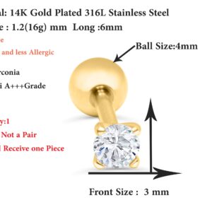 ONDAISY 14k Gold Plated Simulated Diamond 3mm Cz Round Circle Ball Ear Barbell Ball Stud Earring Piercing