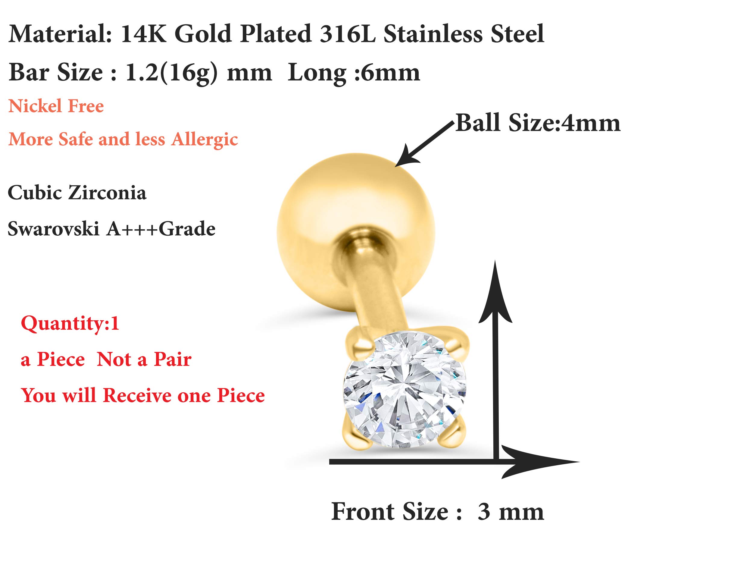 ONDAISY 14k Gold Plated Simulated Diamond 3mm Cz Round Circle Ball Ear Barbell Ball Stud Earring Piercing