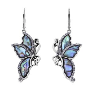 shop lc butterfly dangle earrings - abalone shell with black crystal dangling lever back earrings in stainless steel - butterfly wing drop leverback earrings for women jewelry birthday gifts for