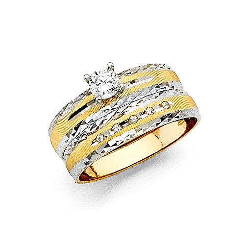 Jewels By Lux 14K White and Yellow Gold Two Tone Ladies Round Cubic Zirconia CZ Wedding Band and Engagement Bridal Ring Two Piece Set Size 9