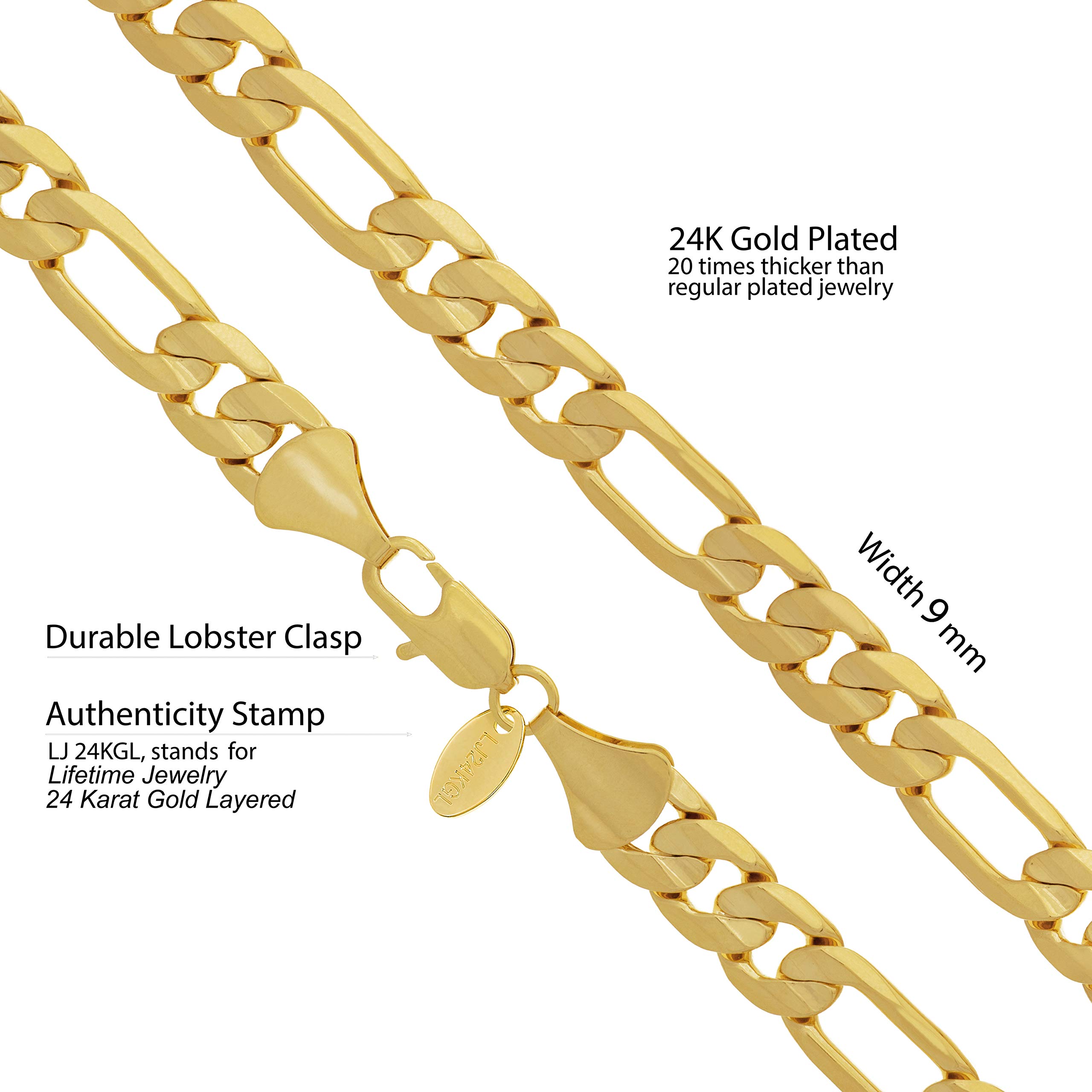 LIFETIME JEWELRY 9mm Figaro Chain Bracelet for Men & Women 24k Real Gold Plated (9.00)