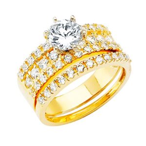 jewels by lux 14k yellow gold cubic zirconia cz wedding band and engagement bridal ring two piece set size 7