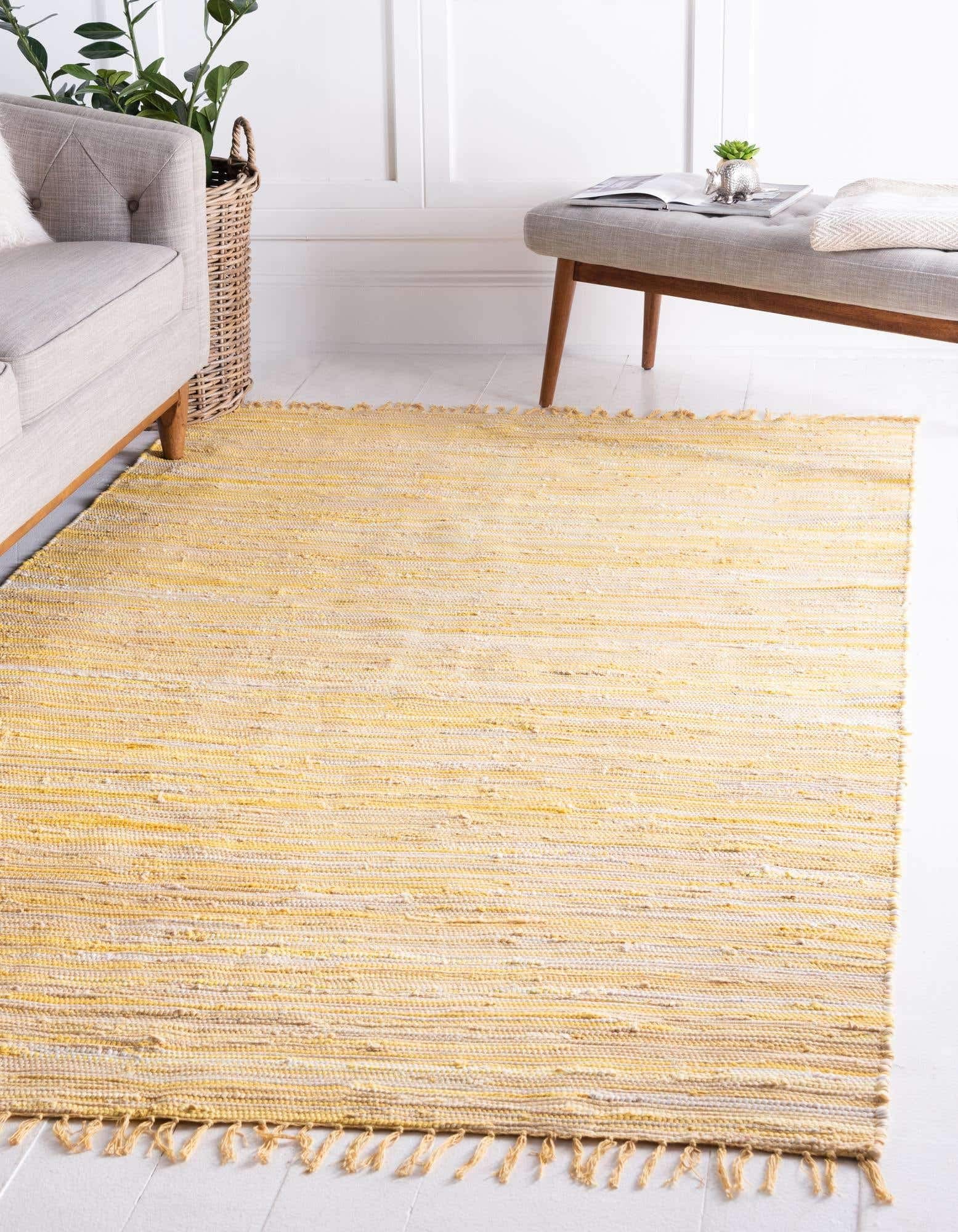 Unique Loom Chindi Cotton Collection Soft Hand Woven Natural Fiber Striped Area Rug, 2 ft 2 in x 3 ft, Yellow/Ivory