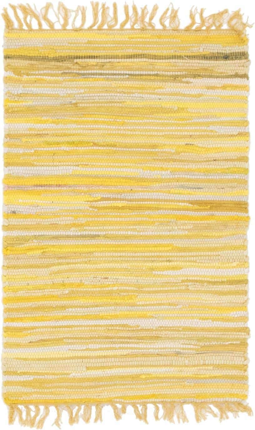 Unique Loom Chindi Cotton Collection Soft Hand Woven Natural Fiber Striped Area Rug, 2 ft 2 in x 3 ft, Yellow/Ivory