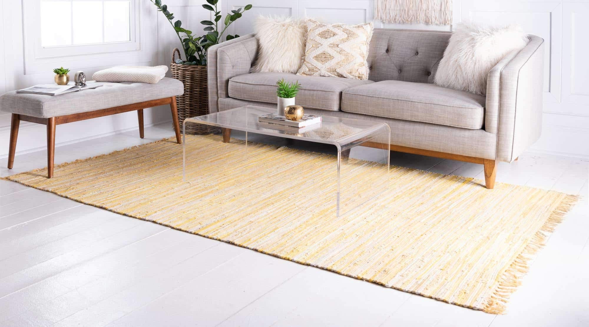 Unique Loom Chindi Cotton Collection Soft Hand Woven Natural Fiber Striped Area Rug, 2 ft 2 in x 3 ft, Yellow/Ivory