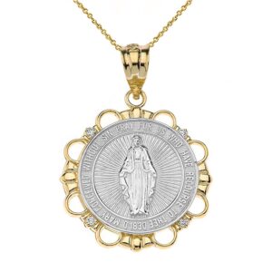 14k two-tone gold round blessed virgin mary miraculous diamond medal pendant necklace, 18"