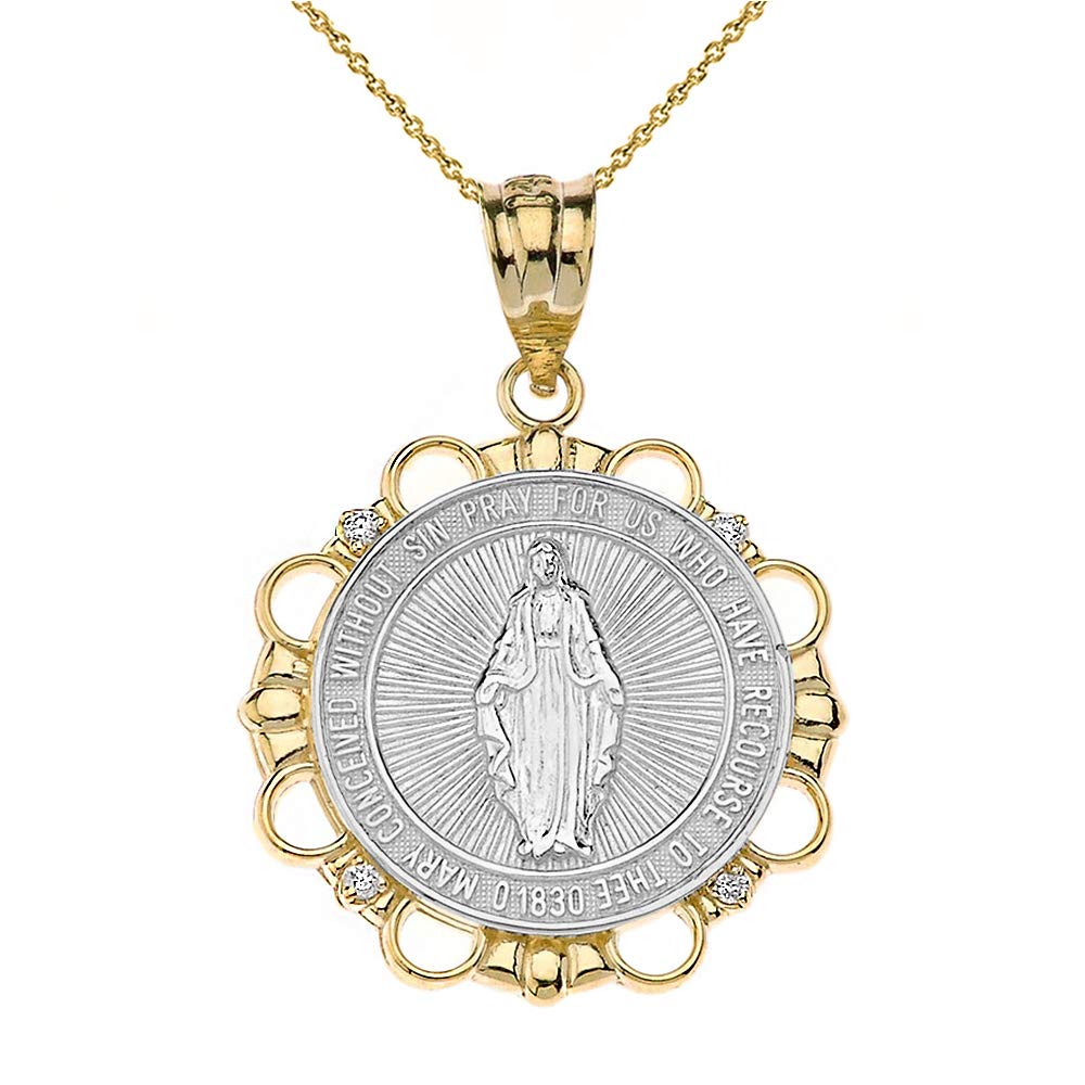 14k Two-Tone Gold Round Blessed Virgin Mary Miraculous Diamond Medal Pendant Necklace, 18"