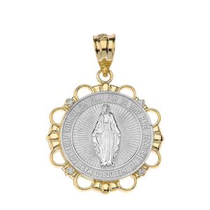 14k Two-Tone Gold Round Blessed Virgin Mary Miraculous Diamond Medal Pendant Necklace, 18"