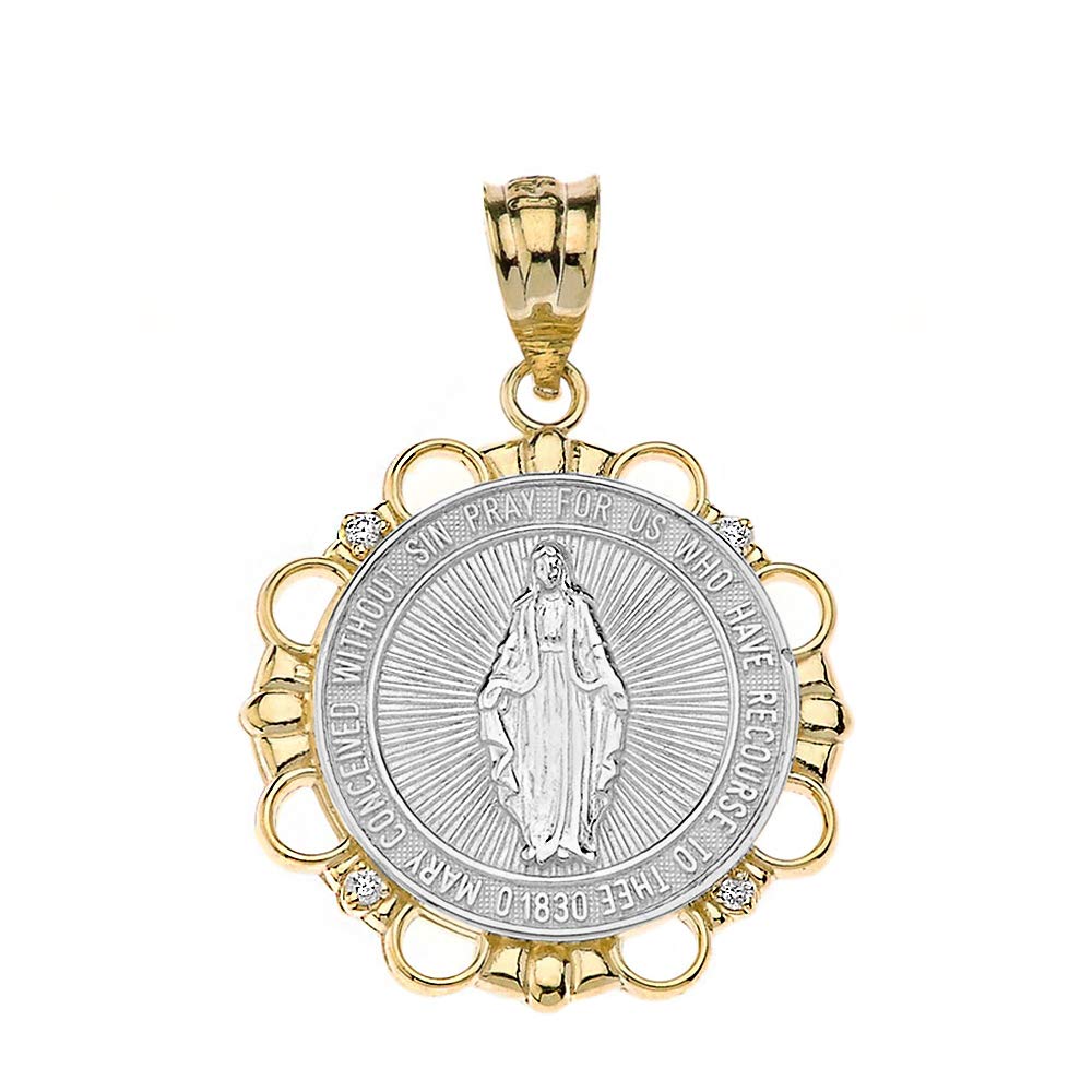 14k Two-Tone Gold Round Blessed Virgin Mary Miraculous Diamond Medal Pendant Necklace, 18"