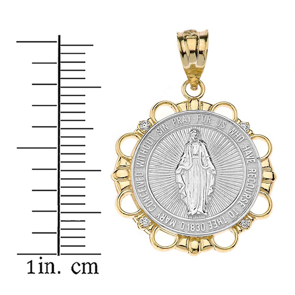 14k Two-Tone Gold Round Blessed Virgin Mary Miraculous Diamond Medal Pendant Necklace, 18"