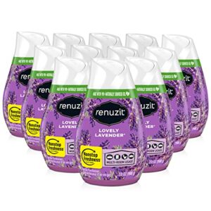 renuzit gel solid air freshener, lovely lavender scent, nonstop freshness, 12 total air freshener cones, brand is renuzit.