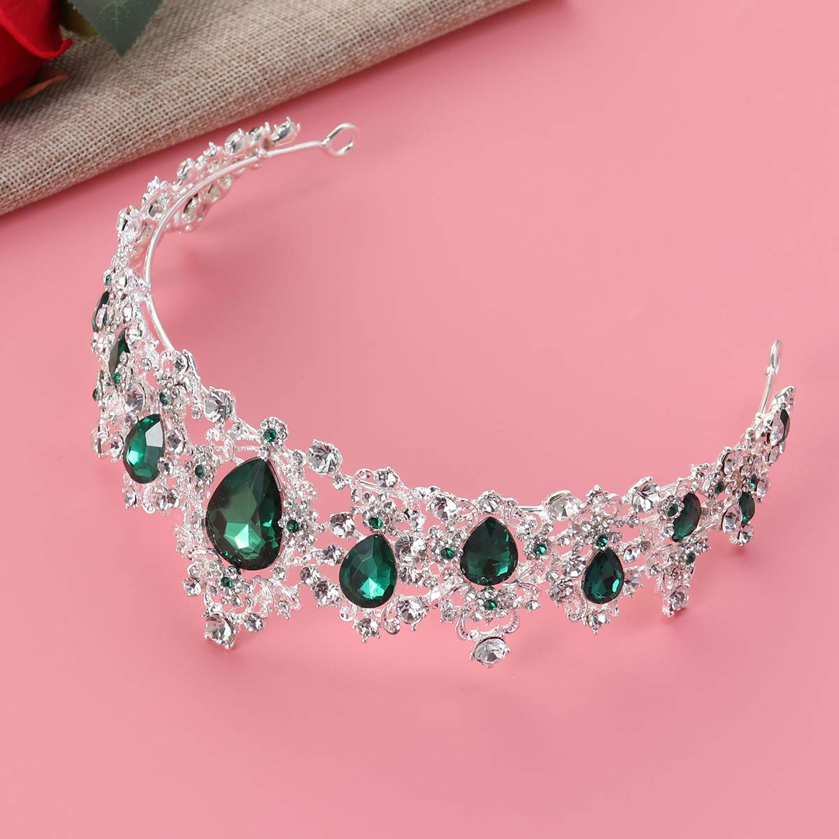 FRCOLOR Princess Crown for Women, Green Crystal Tiara Crown for Women, Rhinestone Queen Crowns Wedding Tiaras Crowns Headband for Birthday Halloween Party(Green)