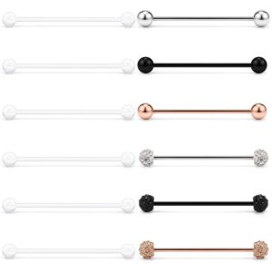 Hoeudjo Industrial Barbell 14G 12Pcs Bioflex Clear Acrylic Earring Retainer Surgical Steel Helix Conch Cartilage Ring Body Piercing Jewelry 1 1/2 Inch(38mm) for Women Men Silver Black Rose Gold