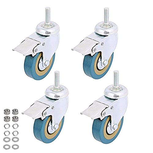 4 Pack, WeFoonLo Locking Threaded Stem Mount 3" Swivel Caster Rotation Non-Marking Polyurethane Castor Wheel and Brake for trolley, Carts, Furniture, Dolly, Workben (M12)