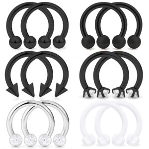 hoeudjo septum hoop nose ring 16g surgical steel circular horseshoe rings piercing jewelry with cubic zirconia cartilage helix earring barbell retainer for women men 12 pieces 8mm black