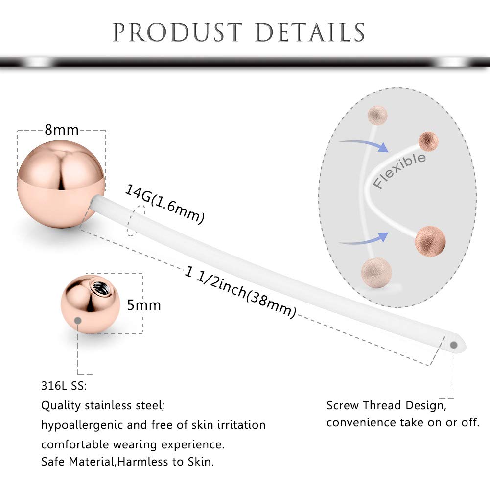 Hoeudjo 6Pcs Pregnancy Belly Button Rings Maternity Belly Button Rings Plastic Flexible Long Belly Rings for Pregnant Women 14G Rose Gold