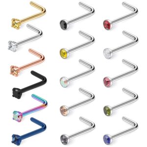 hoeudjo 18g surgical steel mix color diamond cz nose stud rings l shaped nostril pin piercing jewelry for women men 2mm 16pcs silver rose gold black