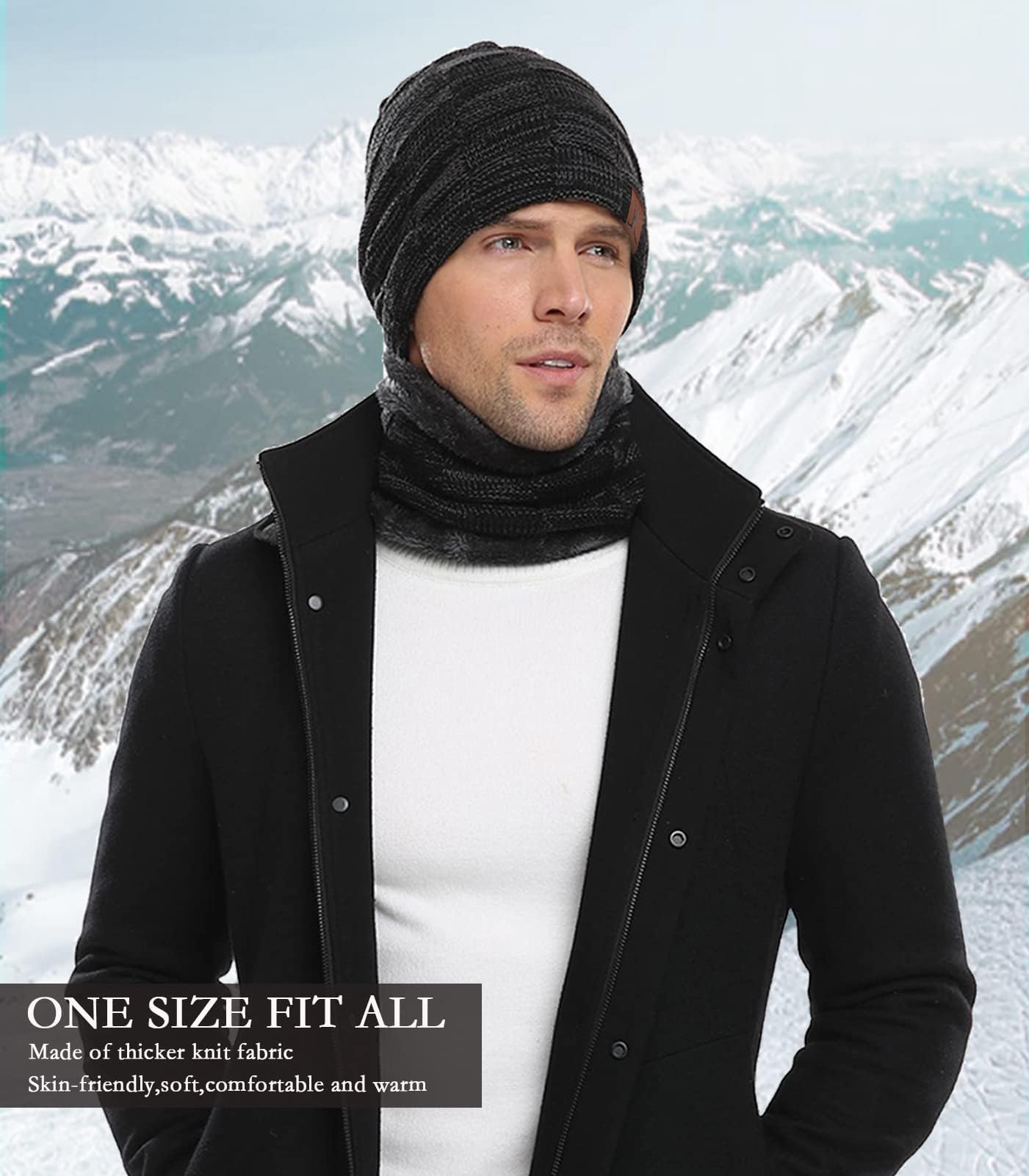 FZ FANTASTIC ZONE Mens Winter Beanie Hats Scarf Set Warm Knit Skull Cap Neck Warmer with Fleece Lined Winter Hat for Women Black