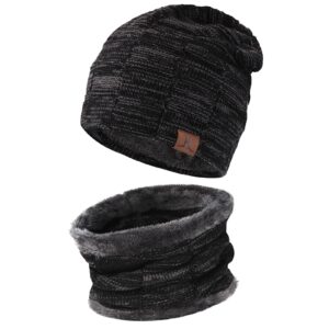 FZ FANTASTIC ZONE Mens Winter Beanie Hats Scarf Set Warm Knit Skull Cap Neck Warmer with Fleece Lined Winter Hat for Women Black