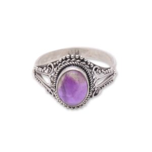 novica artisan handmade amethyst singlestone ring from bali sterling silver indonesia birthstone gemstone [ring front 0.6 in h x 0.4 in w x 0.3 in d band width 3 mm w] ' princess gem'