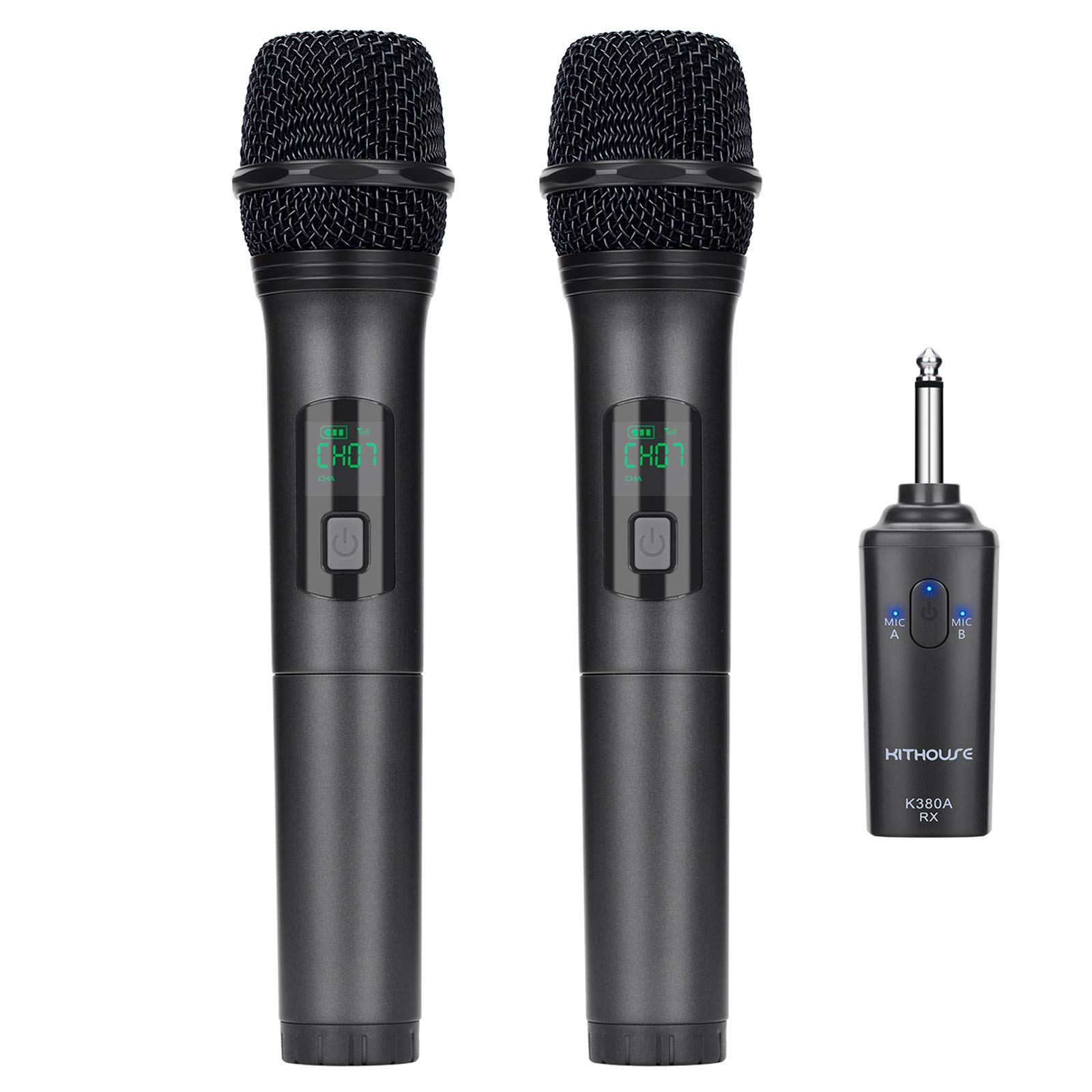 Kithouse K380A Wireless Microphone Karaoke Microphone Wireless Mic Dual with Rechargeable Bluetooth Receiver System Set - UHF Handheld Cordless Microphone for Singing Speech Church(Elegant Black)