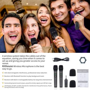 Kithouse K380A Wireless Microphone Karaoke Microphone Wireless Mic Dual with Rechargeable Bluetooth Receiver System Set - UHF Handheld Cordless Microphone for Singing Speech Church(Elegant Black)